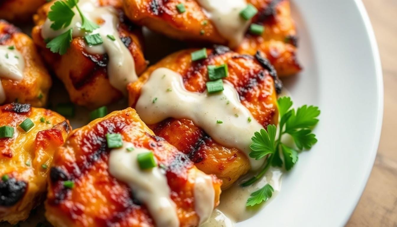 Grilled Chicken Bites with Creamy Garlic Sauce